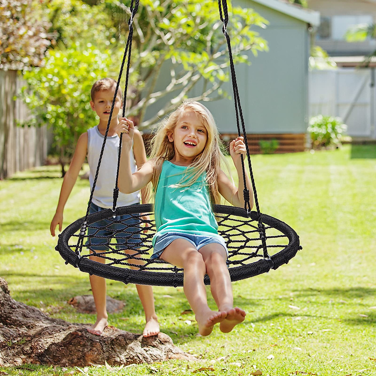 Pitpat 40" Spider Web Swing with 4 Ropes Adjustable from 55" to 102", Spider Swing for Kids for Kids MAX 440 Lbs Load and Stainless Steel Frame, Outdoor Large Web Swings for Tree - Black Upgraded