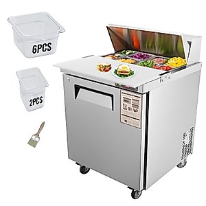 VEVOR Commercial 7.42 Cu. Ft Sandwich/Salad Table Stainless Steel Food Prep Station Fridge with 8 Pan, for Restaurant, Bar, Shop, 28" W Refrigerator Single Door, Silver