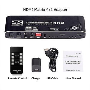 HDMI Matrix Switch 4x2, 4K HDMI Matrix Switcher Splitter 4 in 2 Out Box with EDID Extractor and IR Remote Control Support 4K HDR, HDMI 2.0b, HDCP 2.2, 4K@60Hz, 3D, 1080P