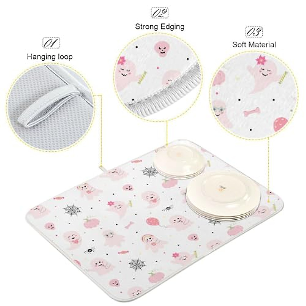 Cute Pink Ghosts Webs Pumpkins Spiders Skulls Drying Dish Mat Dish Mat Drying 18 X 24 Dish Drainer Mat For Kitchen Counter Dry Matt Air Fryer Heat Resistant Mat Dish Drying Mat Xl Microfiber
