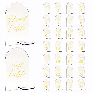 Tanther 30 Sets Acrylic Table Numbers, Gold Printed Caligraphy Lettering, Arch signs & stands, (Numbers 1 - 28, Head Table, and Gift Table Signs- 30 total), 4 x 6 Inch size, For weddings, receptions,