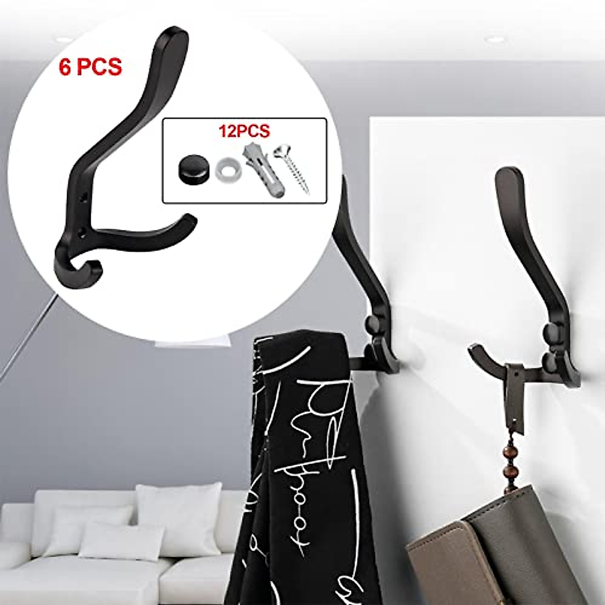 6Pcs Double Prong Coat Hooks Hardware, Towel Hooks Wall Mounted with 12 Screws, Metal Hooks for Hanging Coats, Towel, Hat, Key, Bag, Black