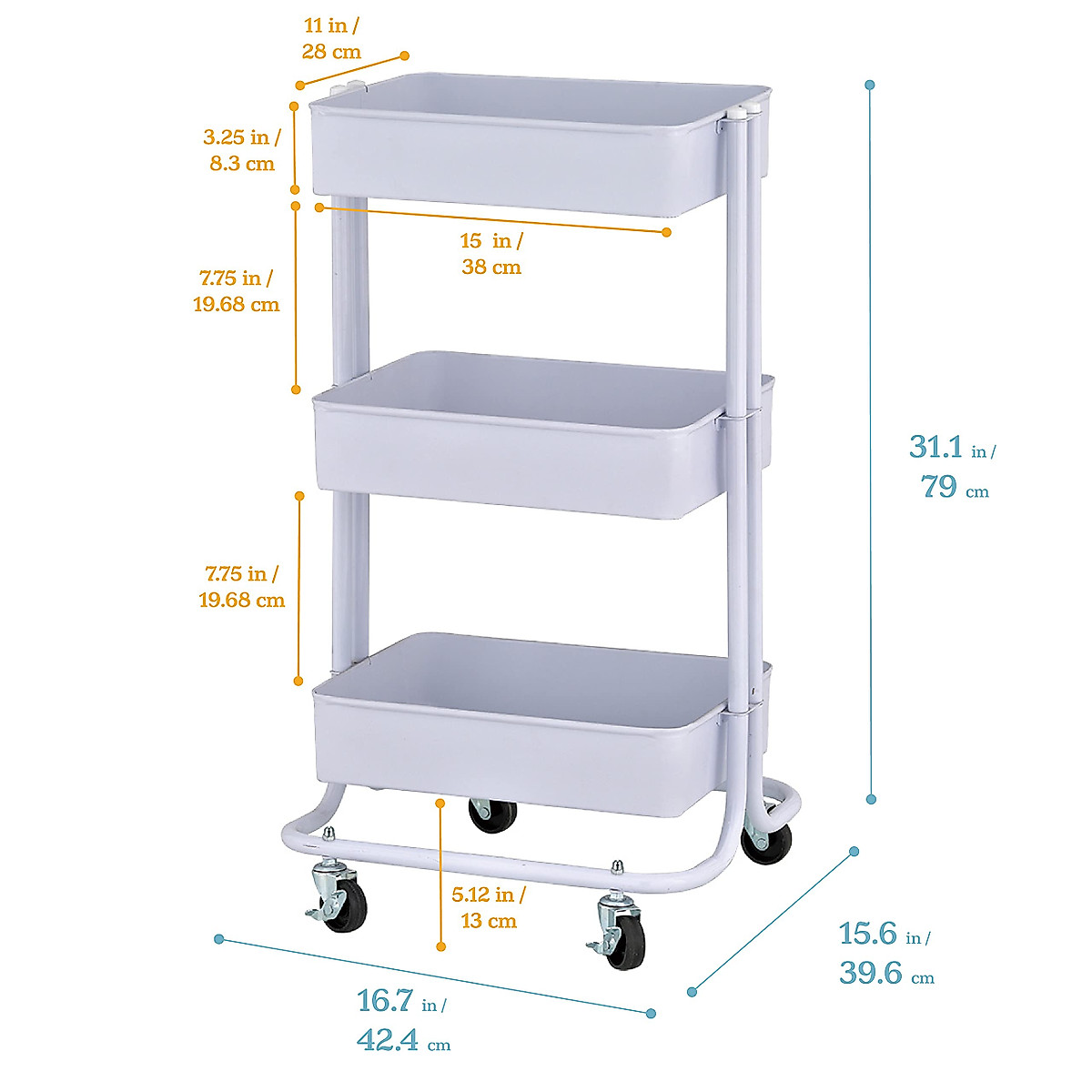 ECR4Kids 3-Tier Metal Rolling Utility Cart, Multipurpose Storage, White