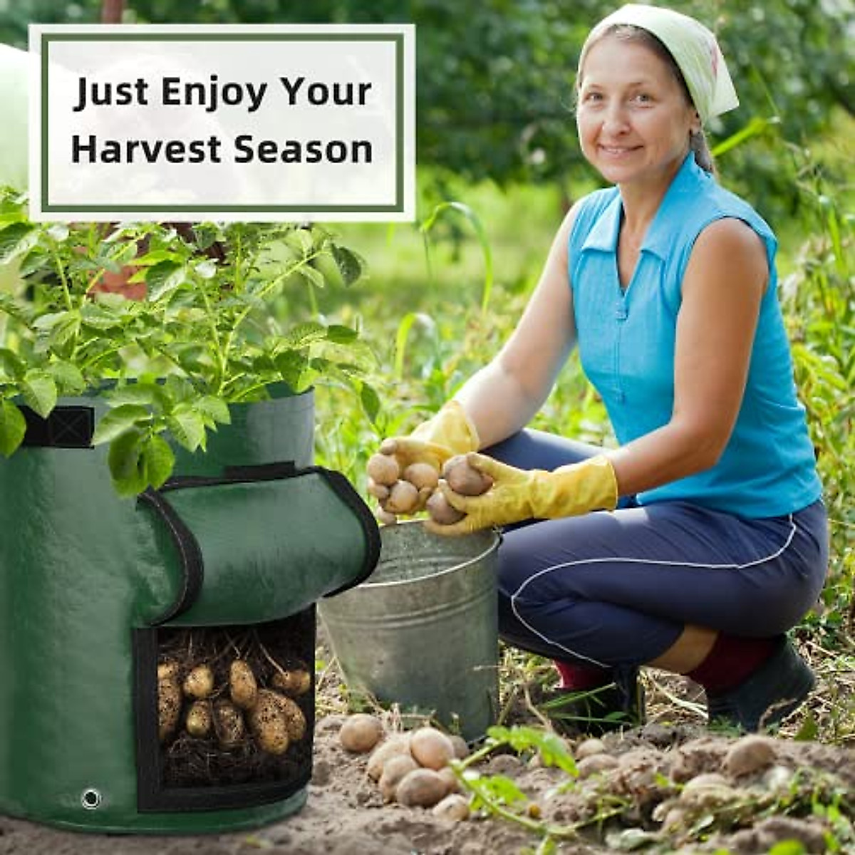 GreatBuddy 10 Gallon Potato Grow Bags 6-Pack, Thick PE Fabric Pots for Plants, Harvest Windows & Sturdy Handles, Labels Included, Green