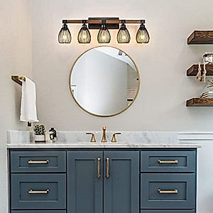 MZMHD 5-Light Farmhouse Bathroom Light Fixtures,Rustic Wood Cage Vanity Lights,Industrial Black Wall Sconce Lighting Over Mirror,Hallway,Bedroom