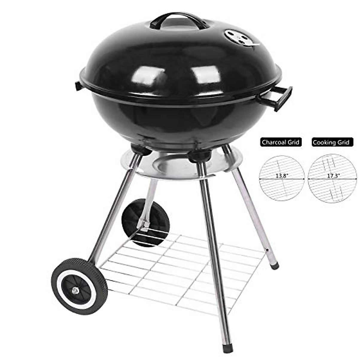 OIUT Portable 18inch Charcoal Grill for Outdoor,Charcoal Stove Enamel Barbecue Grill and Smoker Heat Control Round BBQ Kettle for Picnic Patio Backyard Garden Camping Hiking Cooking Travel,Black