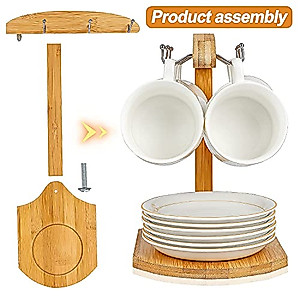 TAIHE Coffee Mug Holder, Coffee Mug Rack with Saucer Basket Storage, 6 Hooks can Hanging Your Love Mug & Cup & Tea Cup, Countertop Cup Hold 8x6 x9 (Natural Bamboo)