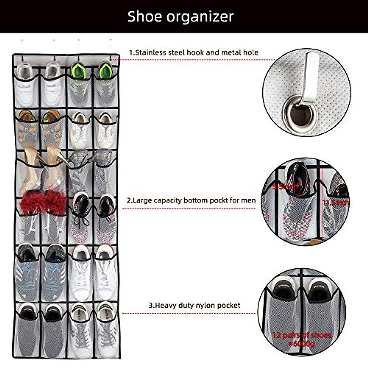 SAVERHO Over The Door Shoe Organizer, Hanging Shoe Organizer with 24 Mesh Large Pockets Door Shoe Rack Organizer for Men Women Kids Hanging Shoe Storage Bag.(White)