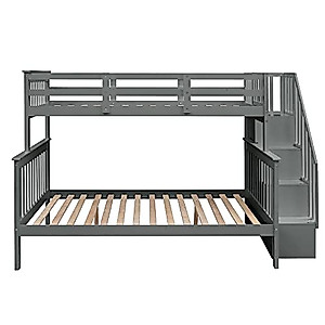 TARTOP Twin Over Full Bunk Bed with Trundle, Solid Wood Bunk Bed Frame with Stairway, Storage & Guard Rail for Bedroom Dorm (Twin/Full with Trundle,Gray