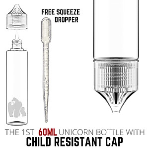 Chubby Gorilla LDPE PET Plastic Unicorn Squeeze Bottle 60ml (10 Pack) Dropper bottle (Transparent White Clear) REUSABLE, Child Resistant Cap, Easy Drip Tip Applicator Dropper Bottles