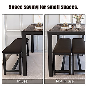 Recaceik Dining Table Set for 4, Kitchen Table and Chairs for 4, Faux Marble Dining Room Table with 2 Benches, Space Saving Dining Table and Upholstered PU Leather Bench for Small Spaces, Brown