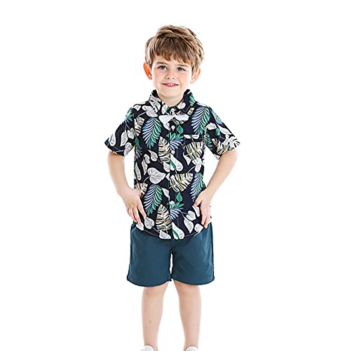 JunNeng Toddler Baby Boy Shorts Sets Hawaiian Outfit,Infant Kid Leave Floral Short Sleeve Shirt Top+shorts Suits Dark Blue