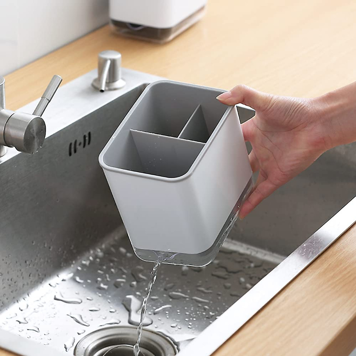 KeFanta Sink Counter Caddy, Dish Sponge Holder, Kitchen Sink Sponge and Brush Holder, Plastic Dish Scrubber Organizer with Drain Tray, White