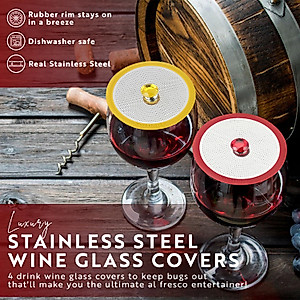 Luxury Stainless Steel Wine Glass Covers to keep bugs out. Set of 4 Bug-Free Outdoor Drink Cup Covers for Drinks, Vino, Coffee, Tea, Beer. Keep Your Drinks Free from Flies, Bees, and Insects!