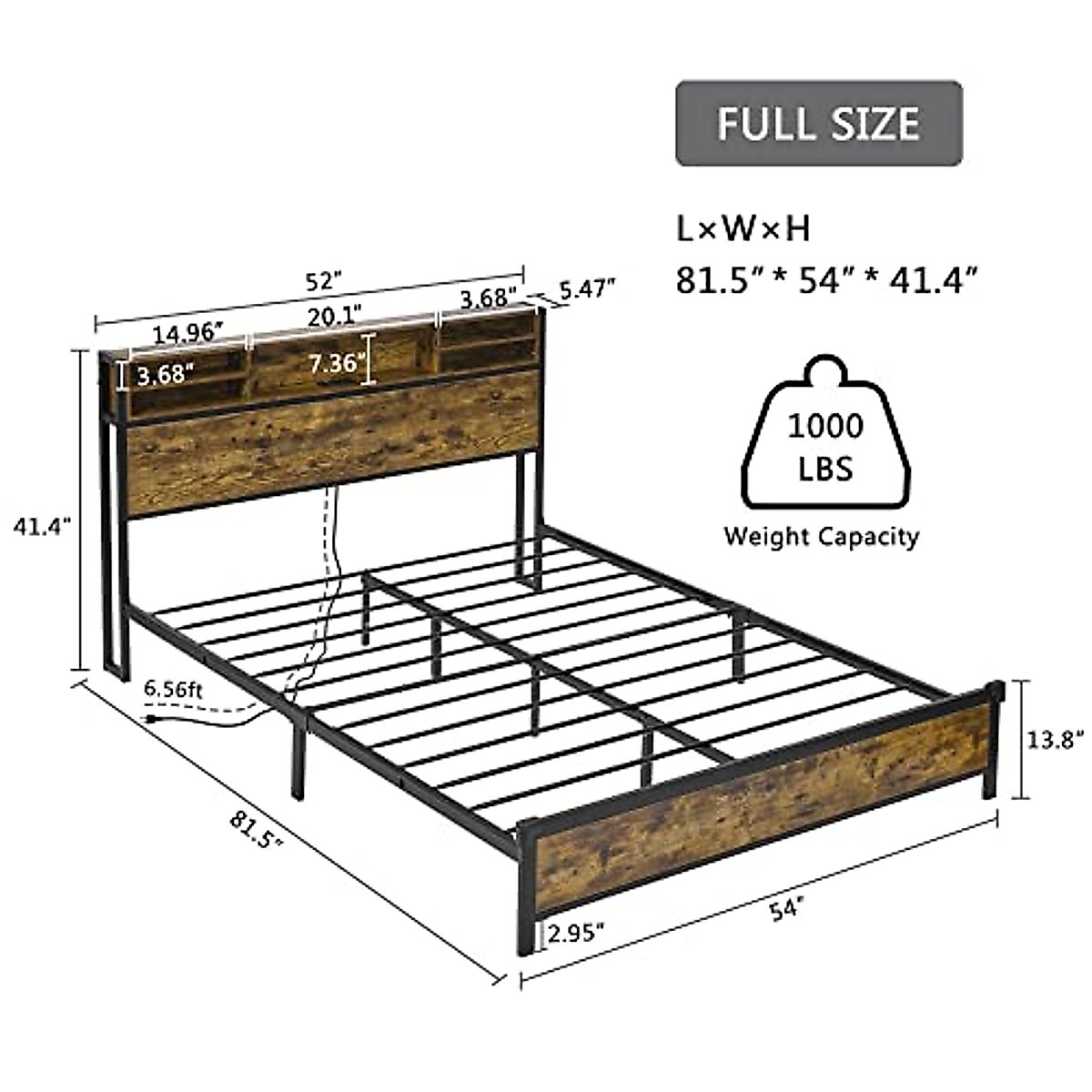 Alohappy Full Size Bed Frame with Led Bookcase Headboard and Charging Station，Metal Platform Bed Frame with RGB Light Strips, Sturdy and No Noise Easy Installation No Box Spring Needed