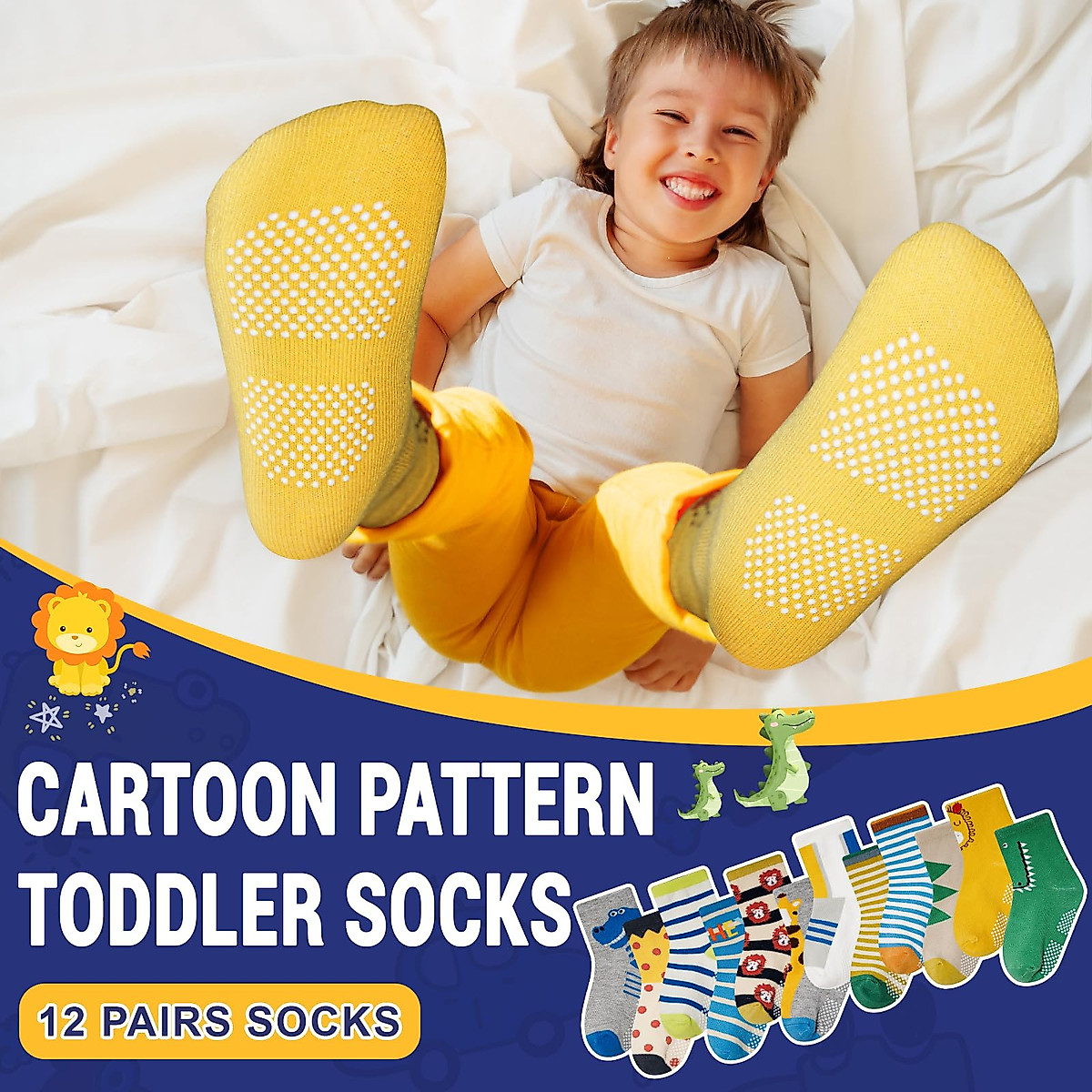 HYCLES Toddler Socks With Grip Non-Skid 12 Pairs Baby Kids Sticky Slipper Cotton Crew Socks 3-5T Children/Boy/Girl