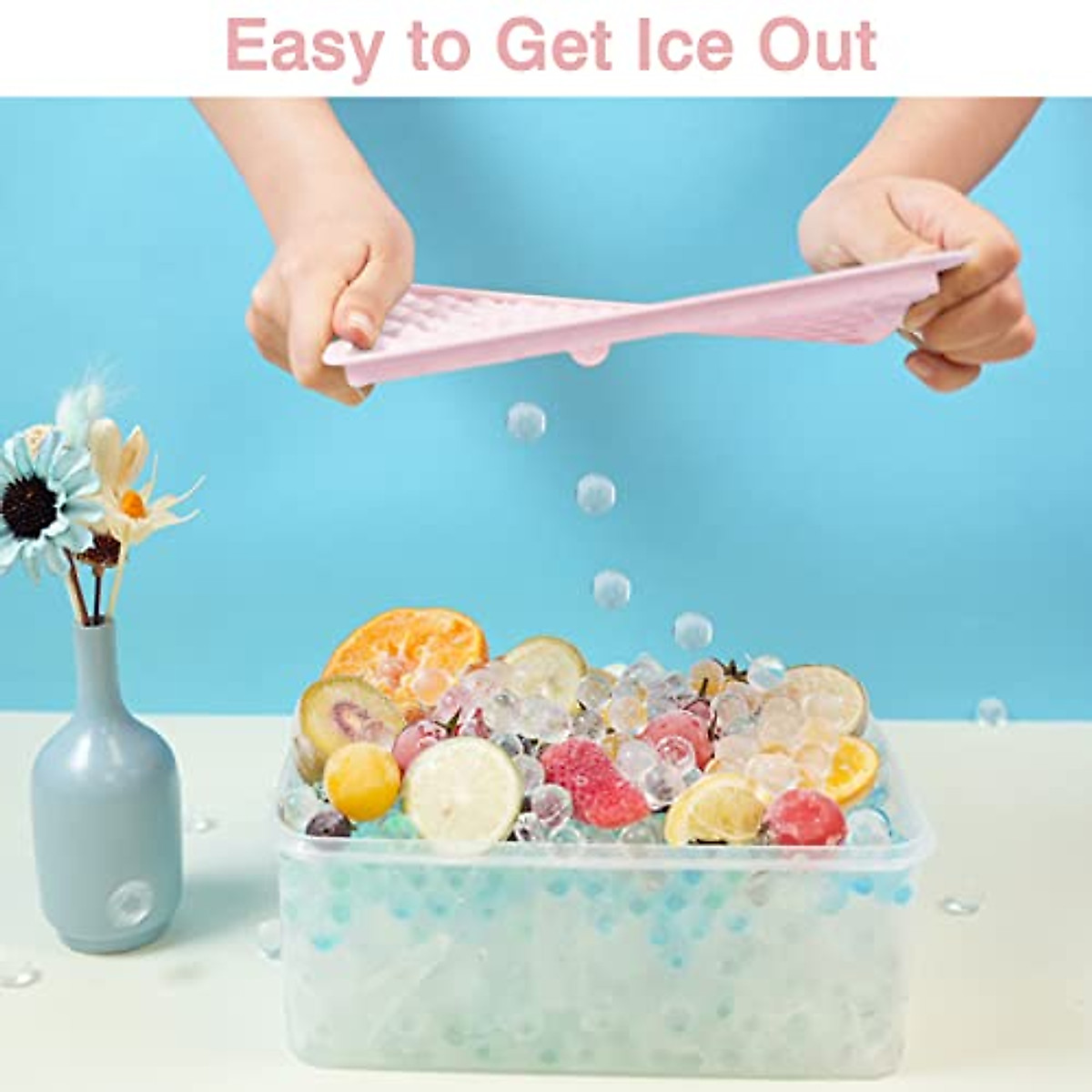 Toobimen Mini Ice Cube Trays, 4 Pack Small Ice Cube Tray with Lid and Bin, 104x4 PCS Ice Ball Maker Mold, Crushed Ice Trays Easy Release for Chilling Drinks, Coffee, Cocktail, Juice (Pink)