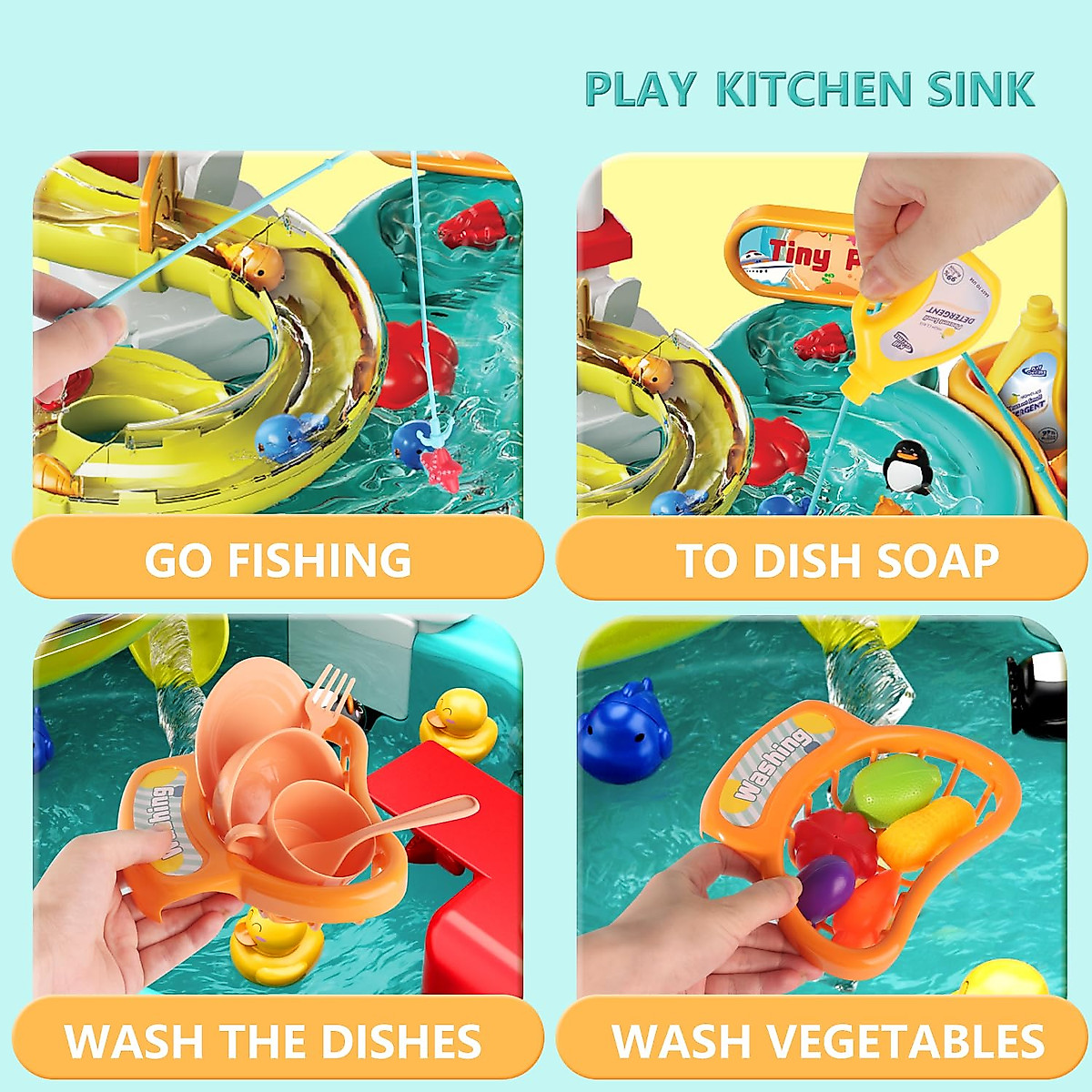Jiakora Play Sink with Running Water, 3-in-1 Toddler Kitchen Toys, Water Table, Fishing Set, Tracks, Pretend Play Kitchen Cleaning Set water toys for toddlers 1-3