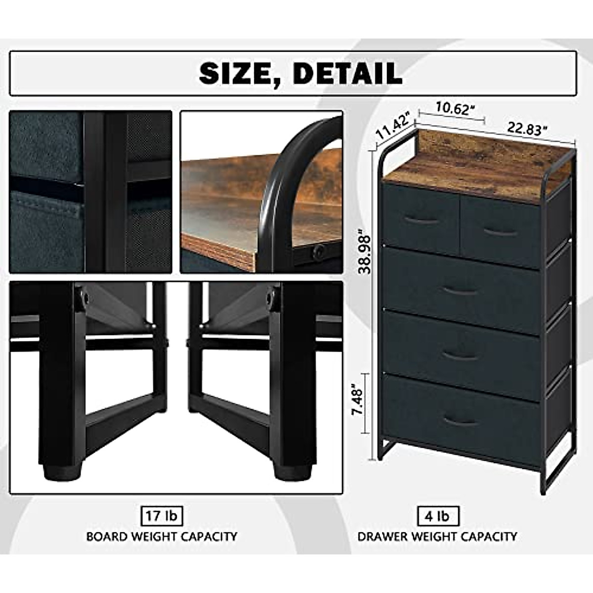 USJRAO Suede Fabric Dresser with 5 Drawers and Shelves Tall Chests of Drawers Sideboard Organizers Unit Storage Tower for Closet Bedroom Living Room Hallway Entryway Steel & Wood Black