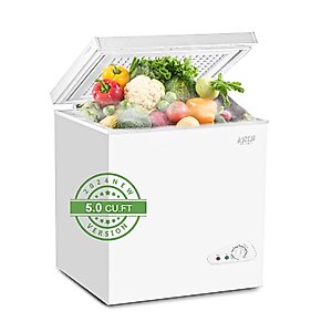 Chest Freezer Krib Bling Adjustable Thermostat Compact Freezers with Removable Storage Basket for House Kitchen Garage Basement (5.0 cu.ft, White)