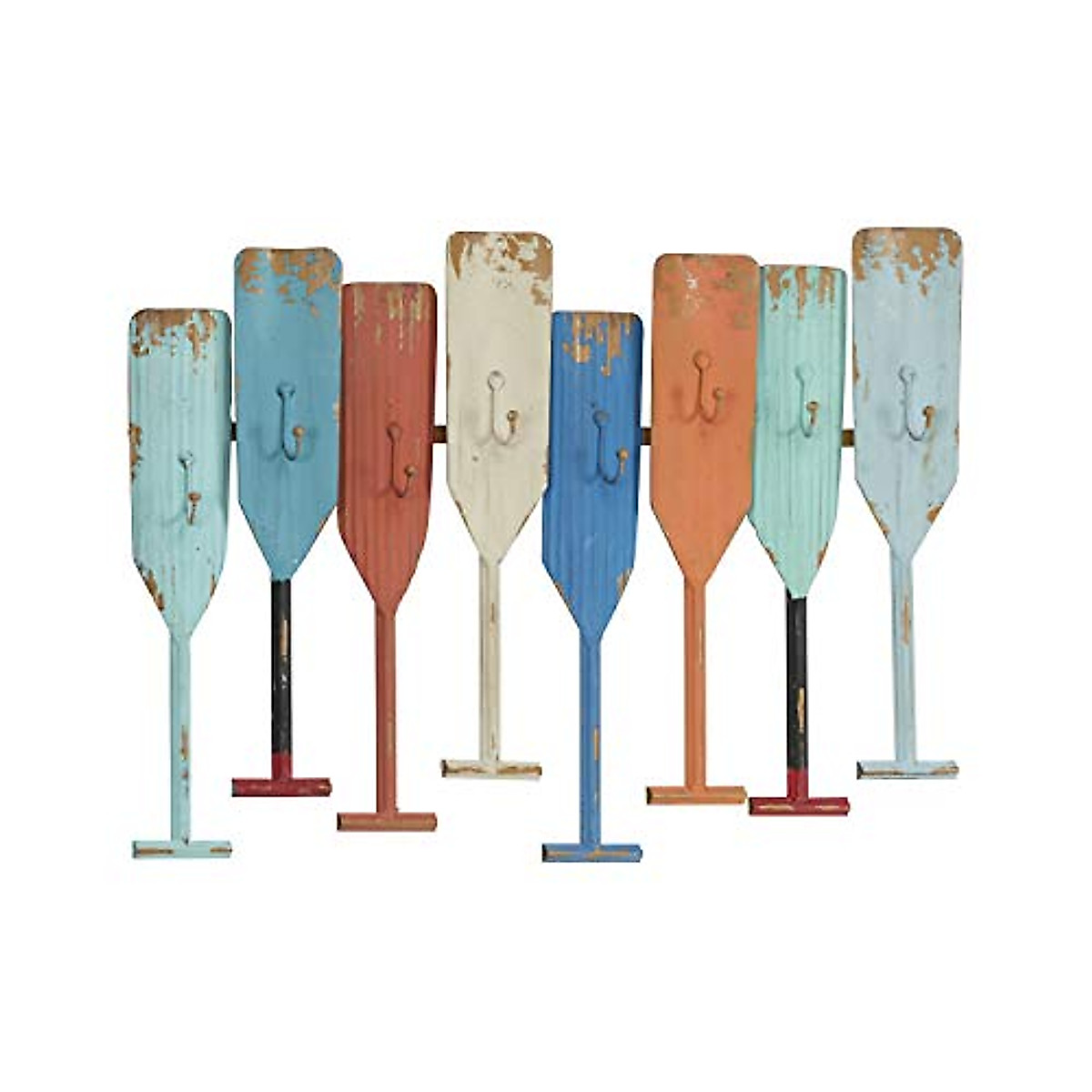 Deco 79 Metal Paddle Indoor Outdoor Distressed Oar Shaped 8 Hooks Wall Hook, 26" x 1" x 20", Multi Colored