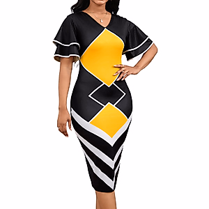 Women's Sexy Church Dress V Neck Short Ruffles Sleeve Clubwear Elegant Pencil Bodycon Midi African Ladies Dresses Black