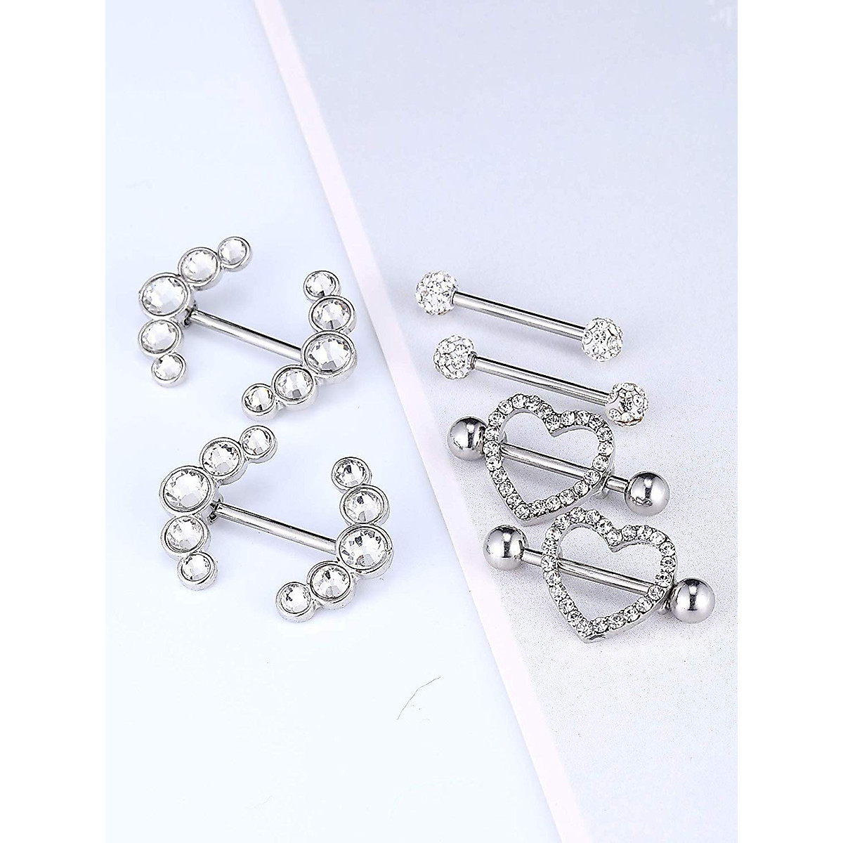 Arardo 14G 316L Stainless Steel CZ Nipple Rings Set Surgical Steel Nipple Barbell For Women Nipple Piercing Jewelry 6Pcs Silver AB0030-1