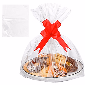 Nuogo 30 Sets Christmas Cookie Tray Bags Cellophane 14" x 18" Clear Cello Tray Bags Christmas Cookie Bags for Gift Giving Christmas Basket Bags with Red Pull Bows for Xmas Holiday Parties Wrap