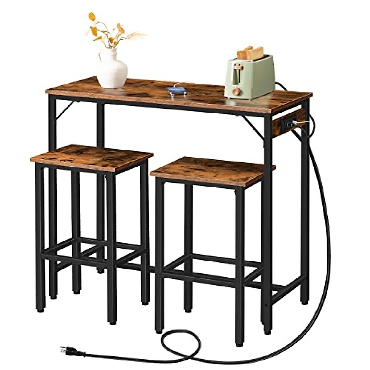 HOOBRO Bar Table Set with Power Outlet, Bar Table and Chairs Set, 3-Piece Pub Table Set, Kitchen Bar Height Table with Stools of 2, for Living Room, Dining Room, Rustic Brown and Black BF45UBT01