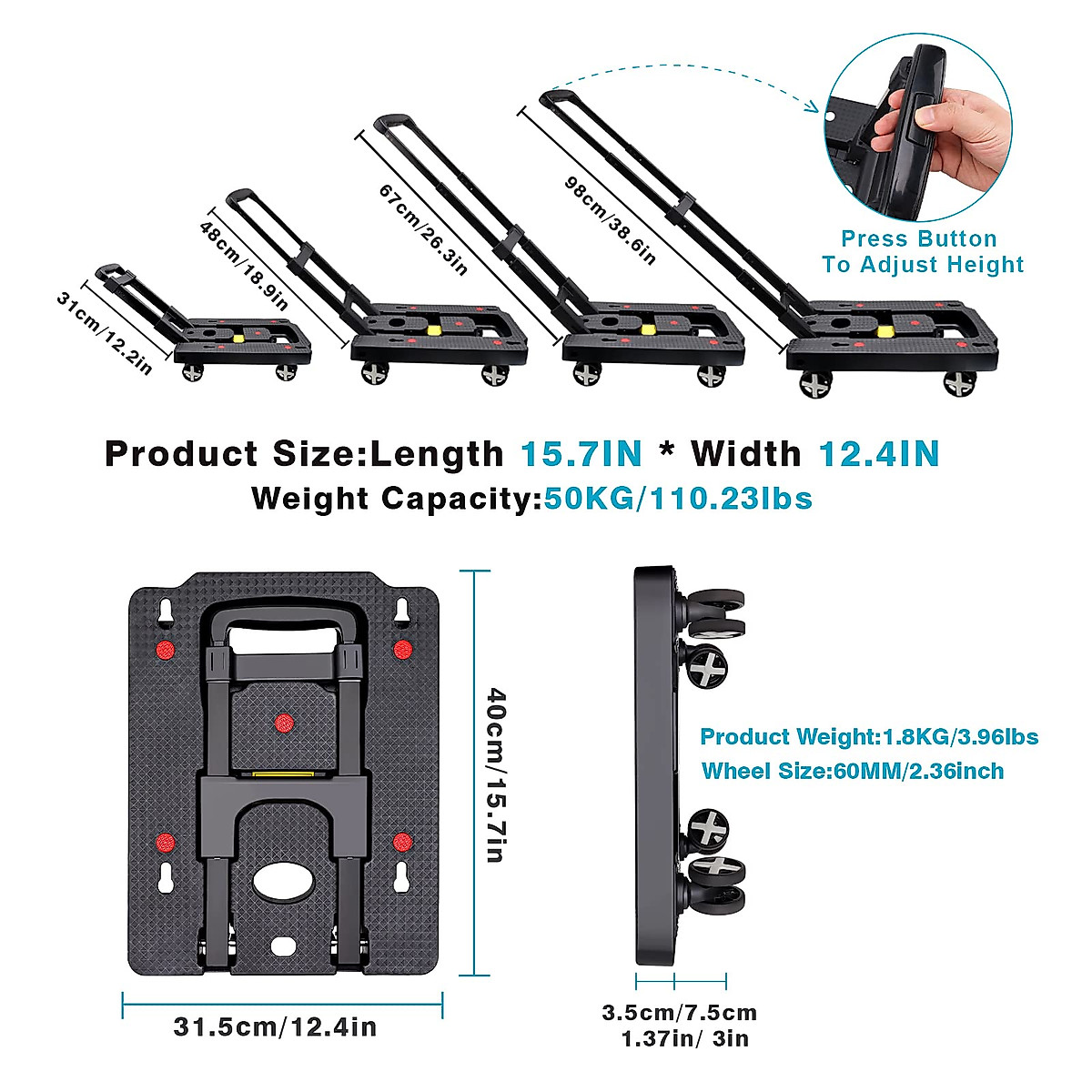 Monyus Portable Folding Hand Truck, 110 lbs Heavy Duty Luggage Cart with 4 Rotate Wheels, Hand Truck Dolly Foldable, Utility Cart with Adjustable Handle for Luggage Travel Shopping Moving Office Use