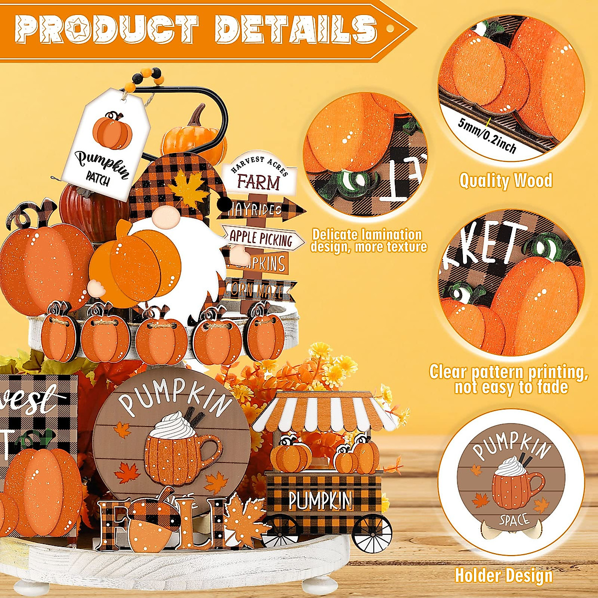16 Pcs Fall Tiered Tray Decor Set Thanksgiving Pumpkin Wooden Sign Gnomes Truck Farmhouse Rustic Tray Decoration for Fall Thanksgiving Home Table Kitchen, Trays Are Not Included