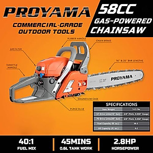 PROYAMA 58CC 2-Cycle Gas Powered Chainsaw, 16-Inch Top Handle Chain Saw, Gasoline Chainsaw 20-Inch for Tree Wood Cutting