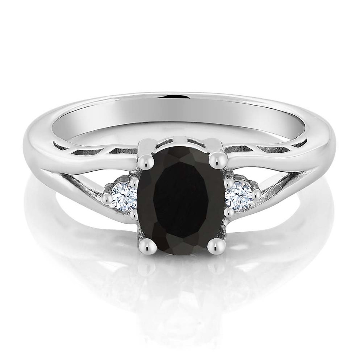 Gem Stone King 925 Sterling Silver Black Onyx 3 Stone Engagement Ring For Women | 1.31 Cttw | Oval 8X6MM | Round 2MM | Gemstone Birthstone | Available in Size 5,6,7,8,9