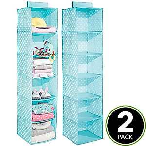 mDesign Soft Fabric Over Closet Rod Hanging Storage Organizer with 6 Shelves for Child/Kids Room or Nursery - Polka Dot Pattern - 2 Pack - Turquoise Blue with White Dots