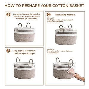 CHICVITA Large Woven Rope Laundry Basket, Baby Storage Basket for Blankets, Clothes, Toys, Towels, Pillows, Shoes, Decorative Jute Basket for Living Room, 21.7 x 13.8 inches, 83L White & Brown