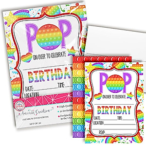 Pop On Over Popper Toy Fidget Themed Birthday Party Invitations for Kids, 20 5x7 Fill In Cards with Twenty White Envelopes by AmandaCreation