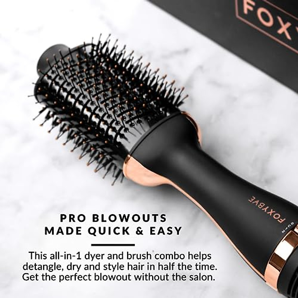 FoxyBae Hair Dryer Brush - 60mm, Rose Gold-Black, Ceramic, Tourmaline, for All Hair Types, Salon-Grade, with Nylon and Boar Bristles, Hot Air Brush and Volumizer in One, 3 Temperature Settings
