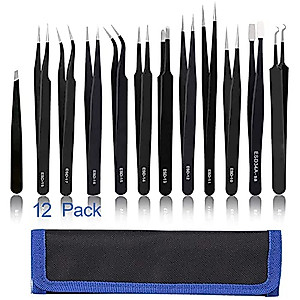 BOENFU Precision Tweezer Set Anti-Static ESD Needle Nose Tweezers for Craft, Soldering, Jewelry, Ingrown, Eyelash, Electronics, 12-PCS