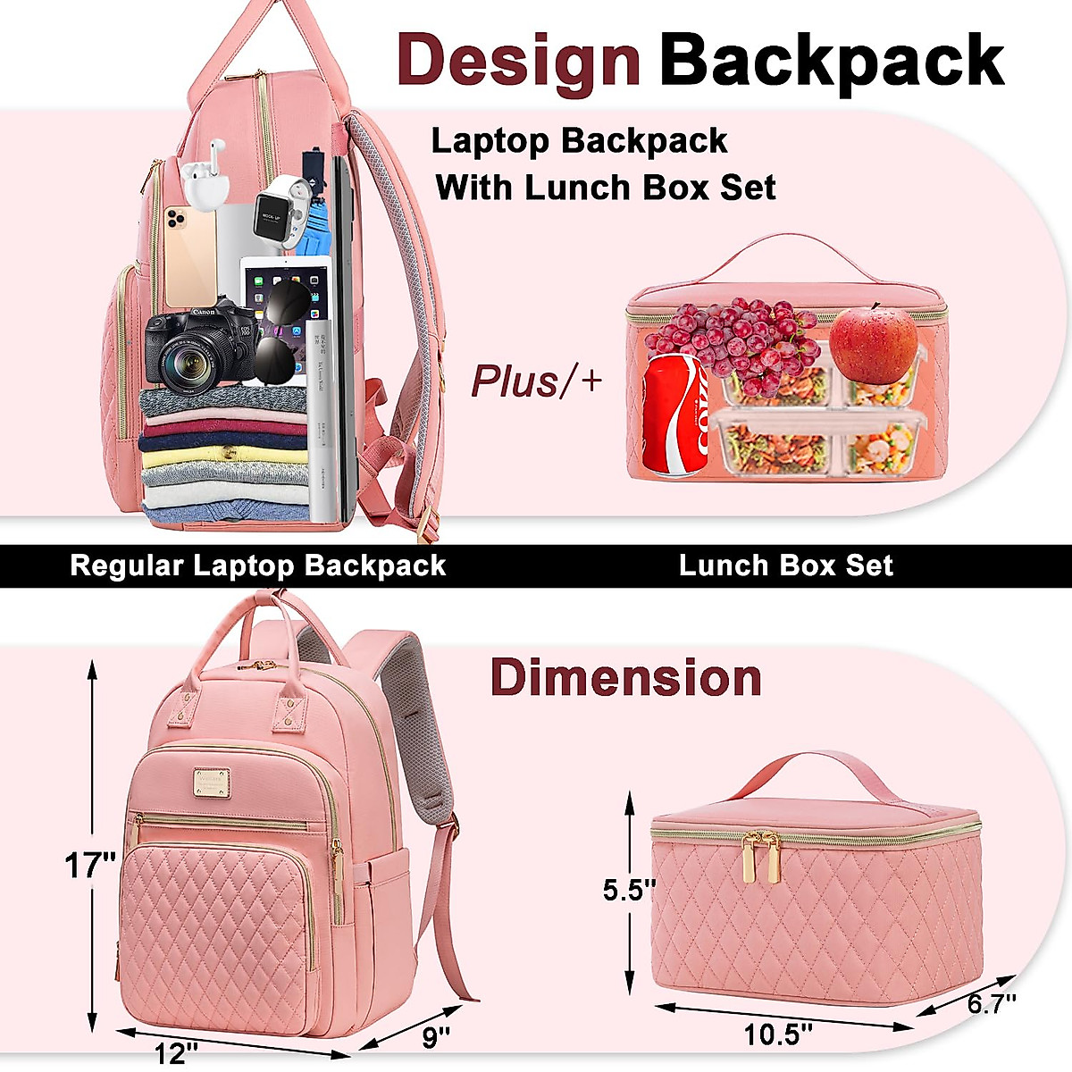 Weitars Lunch Backpack for Women,15.6 Inch Laptop Backpack Travel Backpack for Women,Work Backpack,Teacher Nurse Backpack Insulated Lunchbox Backpack