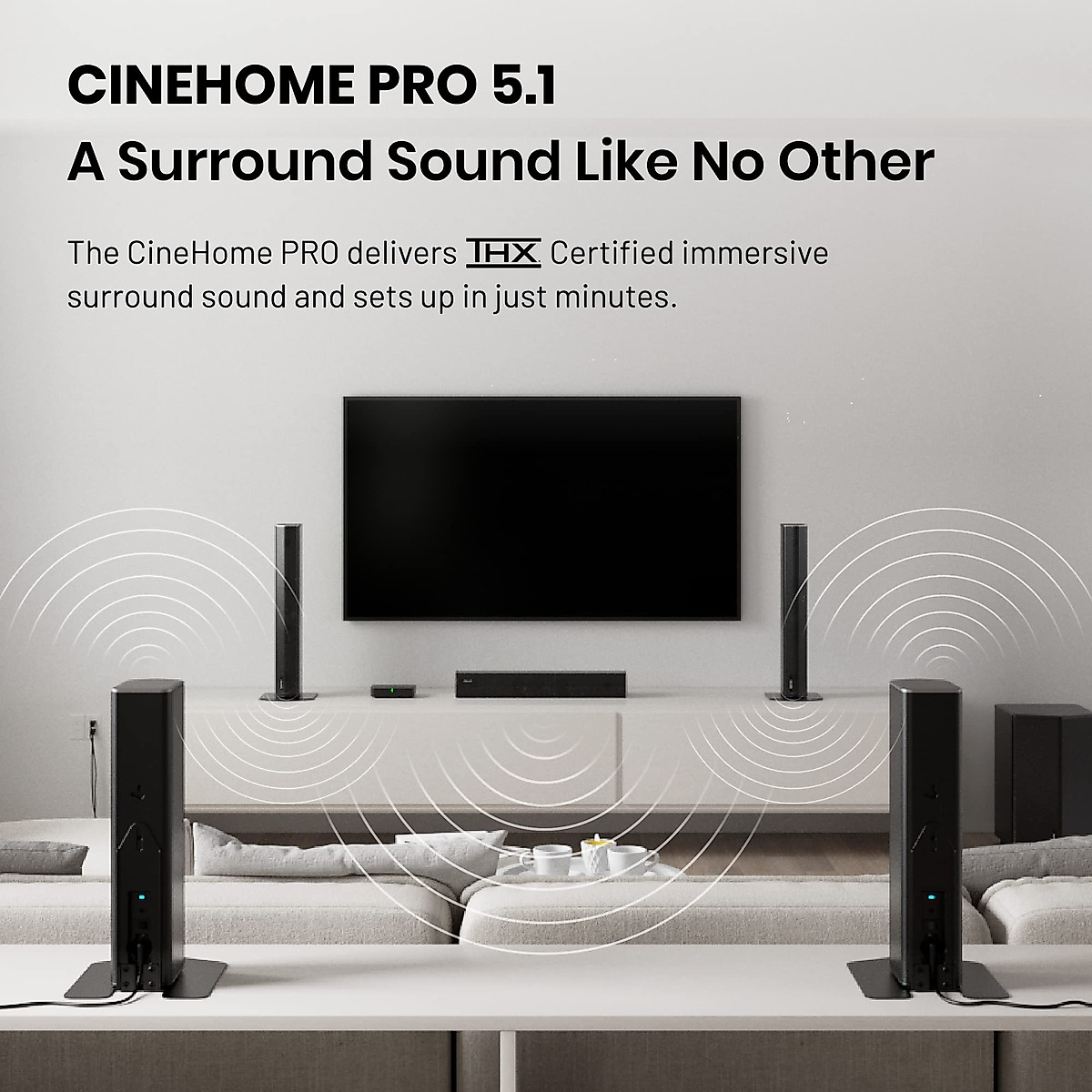 Enclave CineHome PRO - 5.1 Wireless Plug and Play Home Theater Surround Sound System - THX, Dolby, DTS WiSA Certified - includes 5 Active Wireless Speakers, 10-inch Subwoofer & CineHub Transmitter