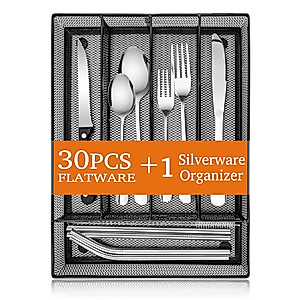 E-far 31-Piece Silverware Set, Stainless Steel Flatware Cutlery Set Service for 4 with Mesh Utensil Drawer Organizer, Include Forks/Spoons/Knives/Steak Knives/Straws, Mirror Polish & Dishwasher Safe