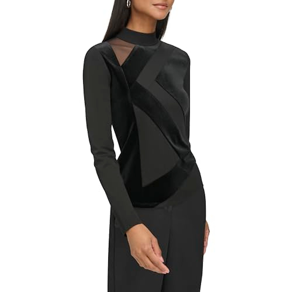 Karl Lagerfeld Paris Women's Logo Stretch Long Sleeve Top, Black