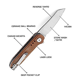 BESTECH KNIVES Pocket Folder Folding Knife: 2.84" 14C28N Steel Reverse Tanto Blade, Micarta Scales, Flipper, Liner Lock, EDC Steel Clip, BG40E (Natural Micarta)