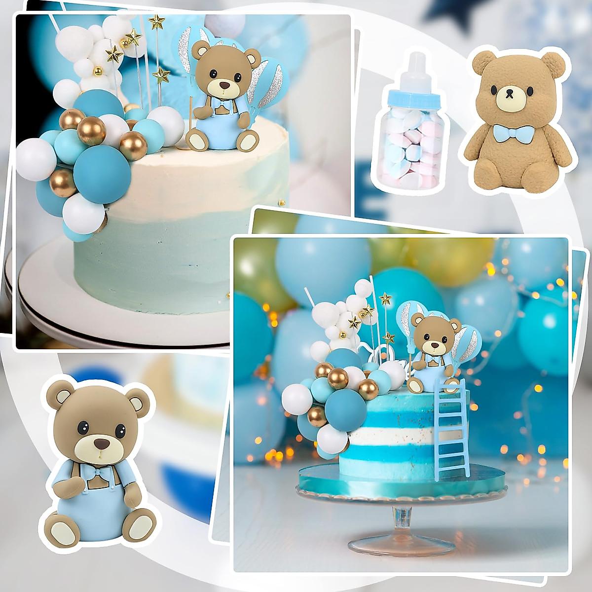Acmee 44 PCS Bear Cake Toppers - Mini 3D Bear BABY Letters Milk Bottle Blue Gold Foam Balls Cake Toppers for Boy Girl Birthday Party Baby Shower Cake Decorations