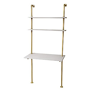 LOYALHEARTDY Wall Mount Ladder Desk Industrial Computer Desk with Shelves White and Gold Desk Writing Study Table Home Office Computer Table 3-Tier Wall Ladder Desk