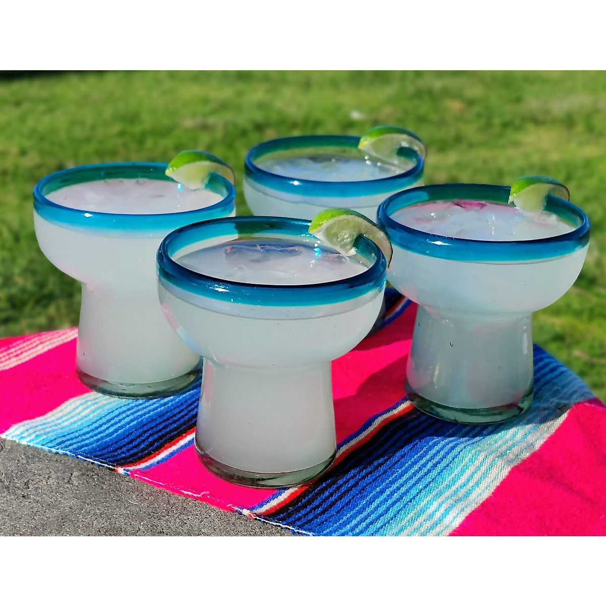 Dos Sueños Mexican Hand Blown Glass – Set of 4 Hand Blown Stemless Aqua Rim Margarita Glasses (14oz)