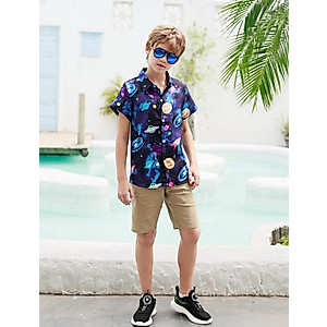 RAISEVERN Big Boys Cotton Dress Shirt Casual Galaxy Button Down Short Sleeve Cartoon Planets Print Cool Sports T-Shirt(9-10 Years)