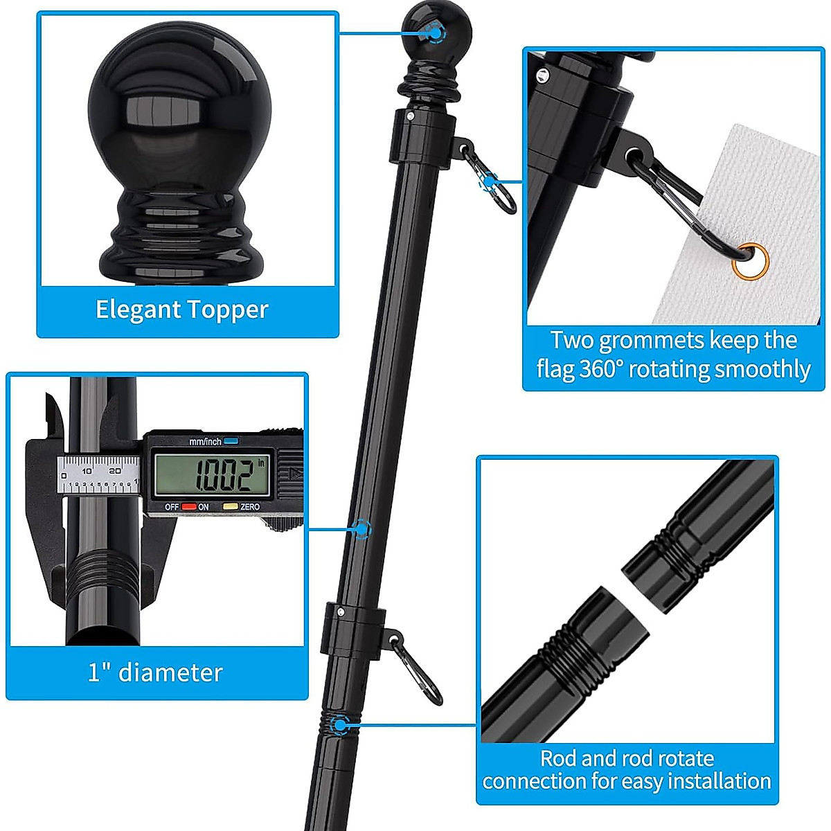 ZMTECH Flag Pole - Upgraded Bracket, 6 FT Stainless Steel Flag Poles for Outside House, Residential or Commerical, Tangle Free Flag Pole Kit for American Flag (Without Flag, Black)