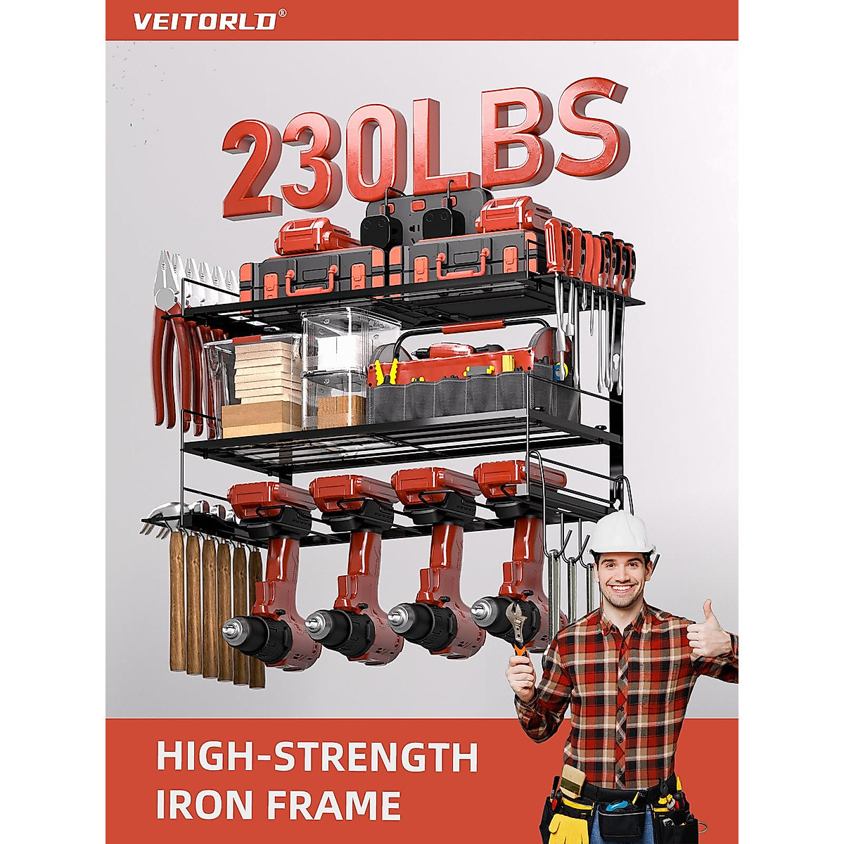 Gifts for Men Dad Husband Him, Power Tool Organizer Wall Mount, 4 Drill Modular Tool Storage Shelf with Hooks, Drill Holder for Garage Organization, Cool Anniversary Birthday Gifts for Men Women