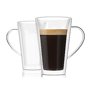 HORLIMER Double Walled Glass Coffee Mugs, 13.5oz Insulated Clear Coffee Cups with Handle Set of 2, Perfect for Espresso, Cappuccino, Latte, Tea, Hot Beverages